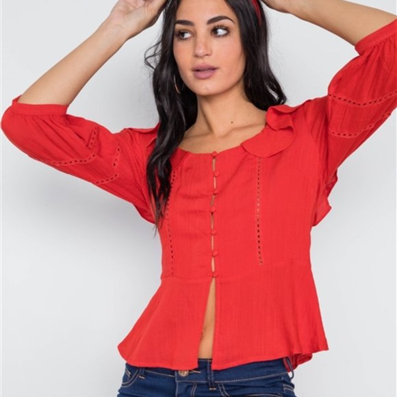 Tops | Tomato Red Crochet Trim Button Down Boho Top | Poshmark